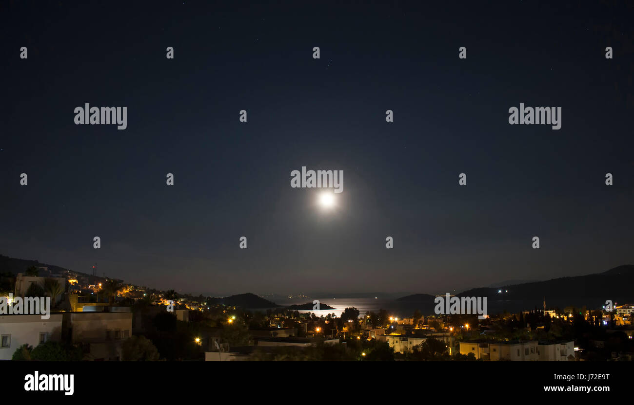 Long exposure of full moon in 2016 summer over Aegean sea at Turkbuku ...