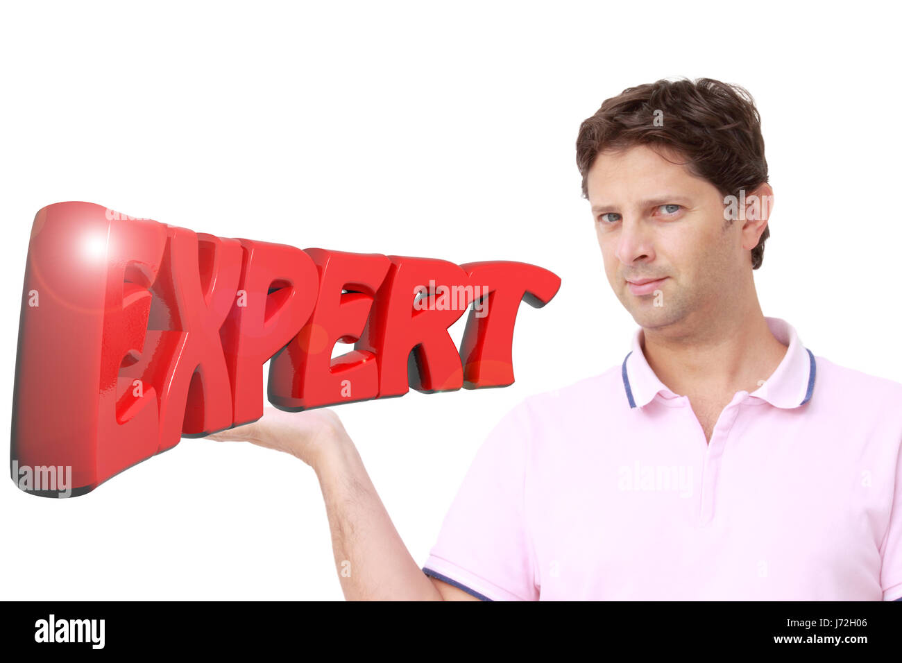 Young man holding the write "EXPERT" written with red 3D letters Stock ...
