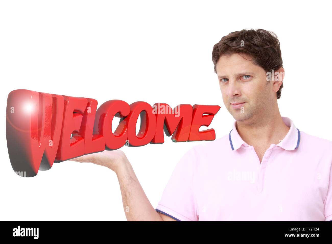 Young man holding with his right hand the write "WELCOME" written with ...