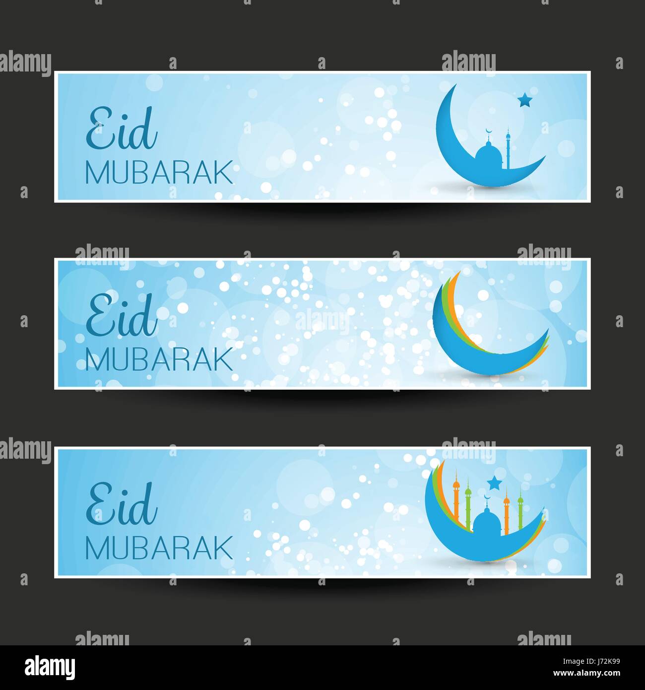 Blue Set of Eid Mubarak Greeting Header or Banner Templates with ...