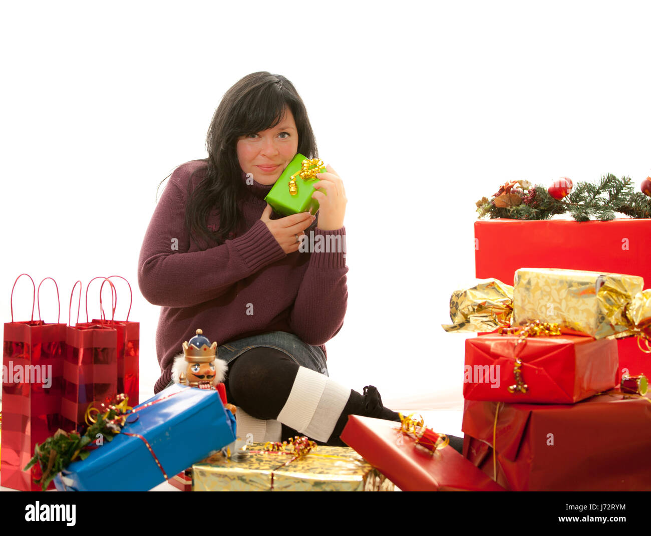 woman presents wrap up enthusiasm amusement enjoyment joy gag joke ...