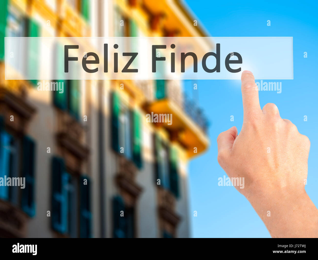Feliz Finde (Happy Weekend In Spanish) - Hand pressing a button on ...