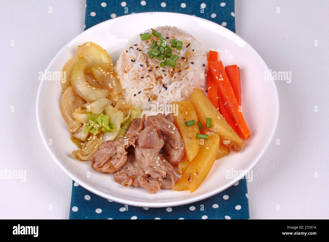 Thai jasmine rice in American Korean style, Rice with sliced pork steak ...