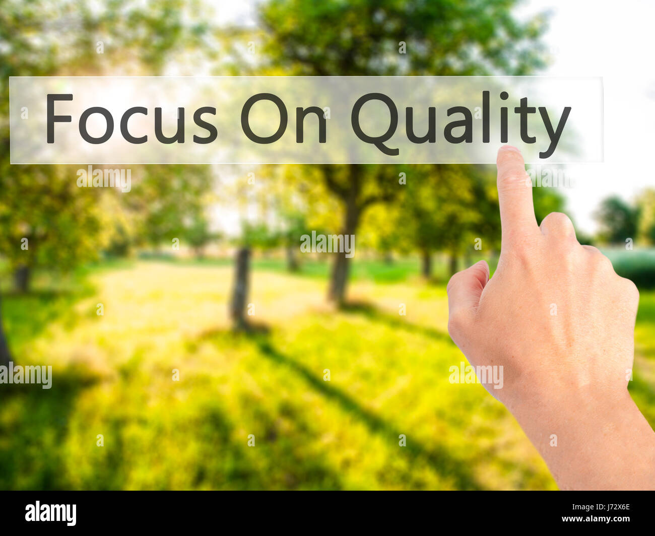 Focus On Quality - Hand pressing a button on blurred background concept ...