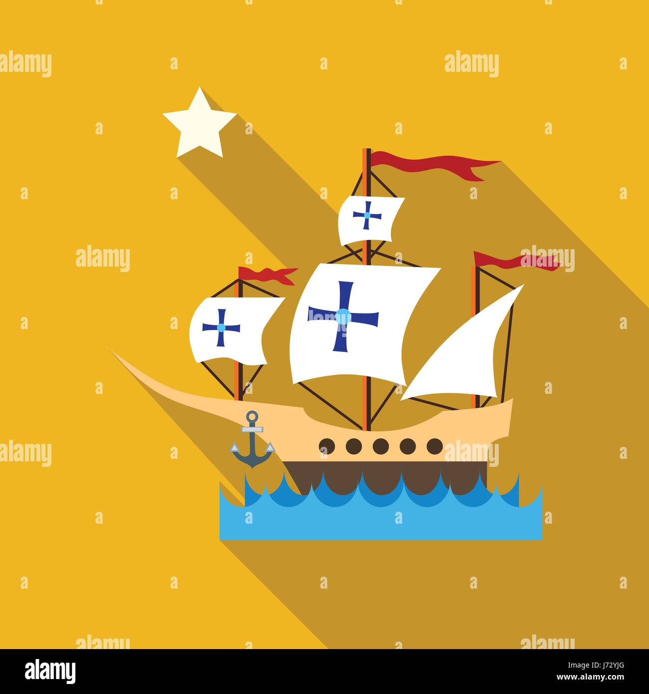 Ship with flag of Columbus in sea icon, flat style Stock Vector Image ...