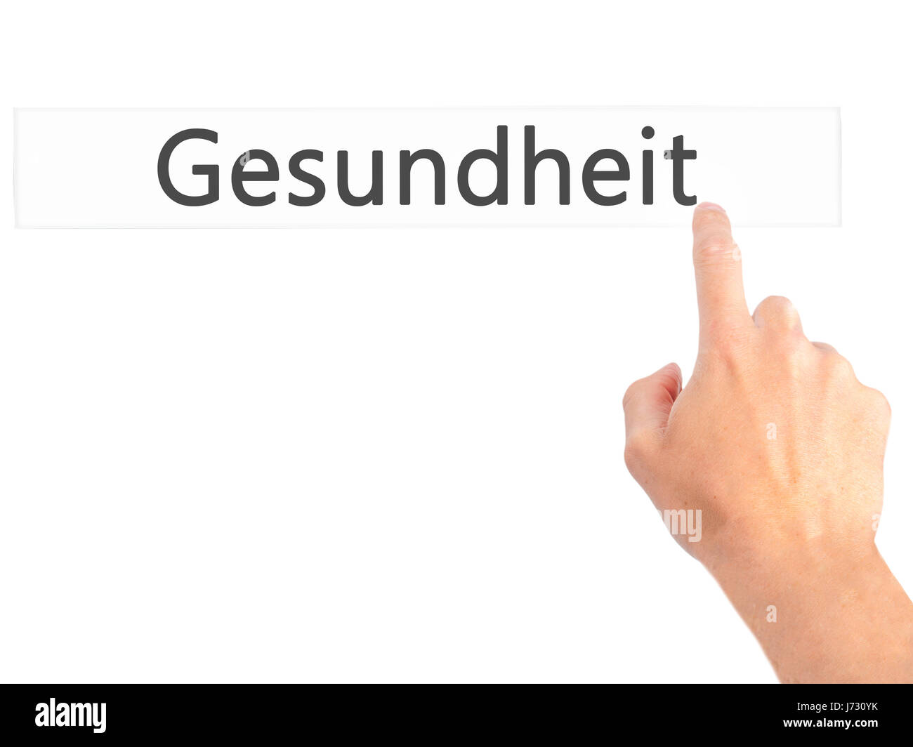 Gesundheit (Health in German) - Hand pressing a button on blurred ...