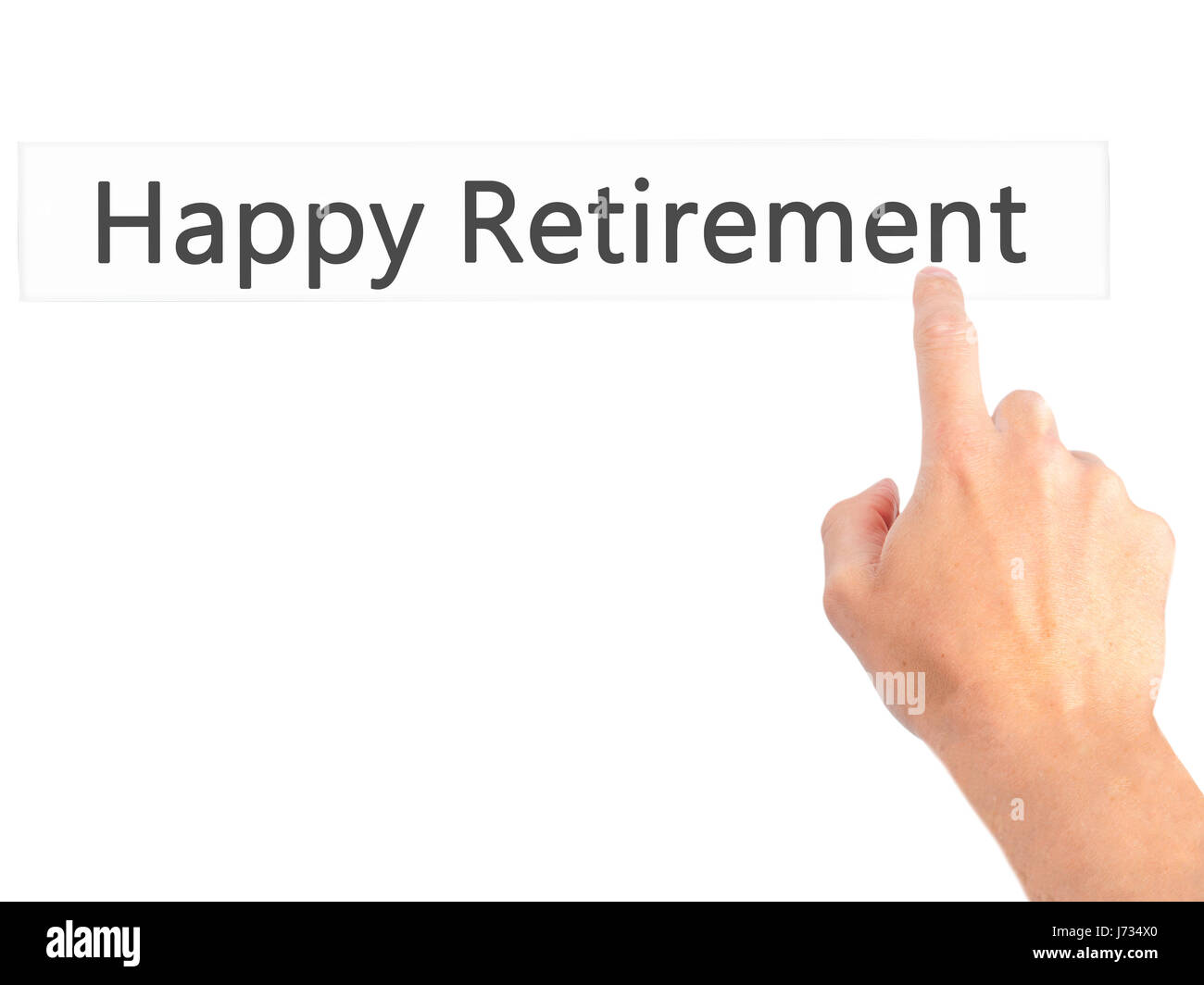 Happy Retirement - Hand pressing a button on blurred background concept ...