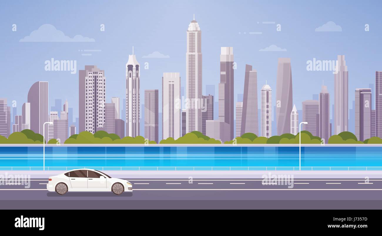 Car Drive Street Road Over City Skyscraper View Cityscape Background ...