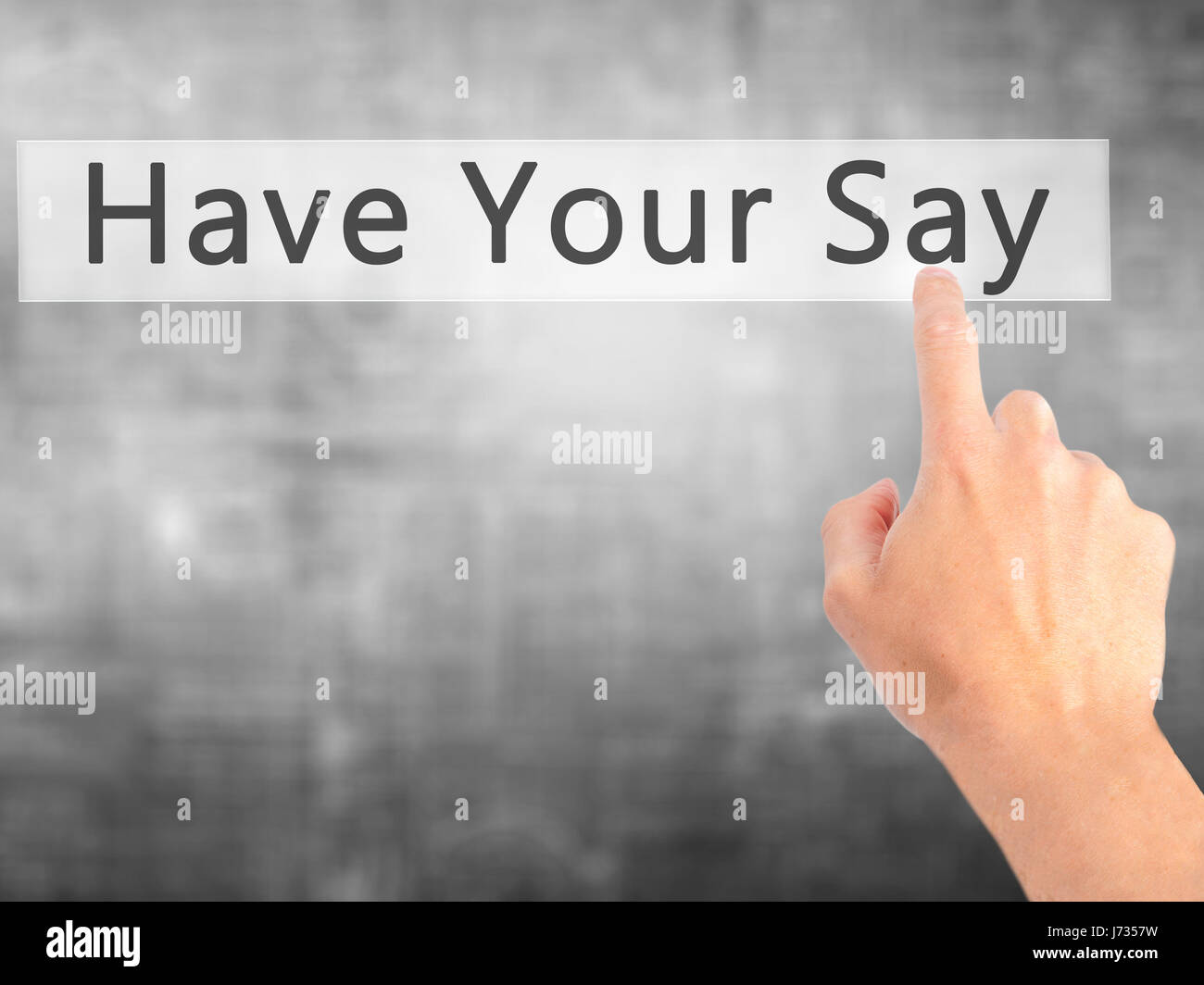 Have Your Say - Hand pressing a button on blurred background concept ...