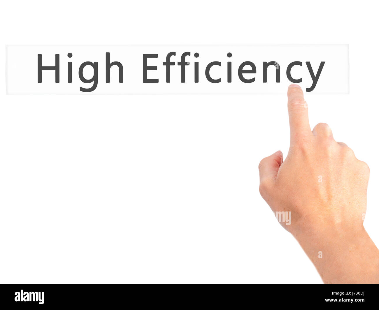 High Efficiency - Hand pressing a button on blurred background concept ...