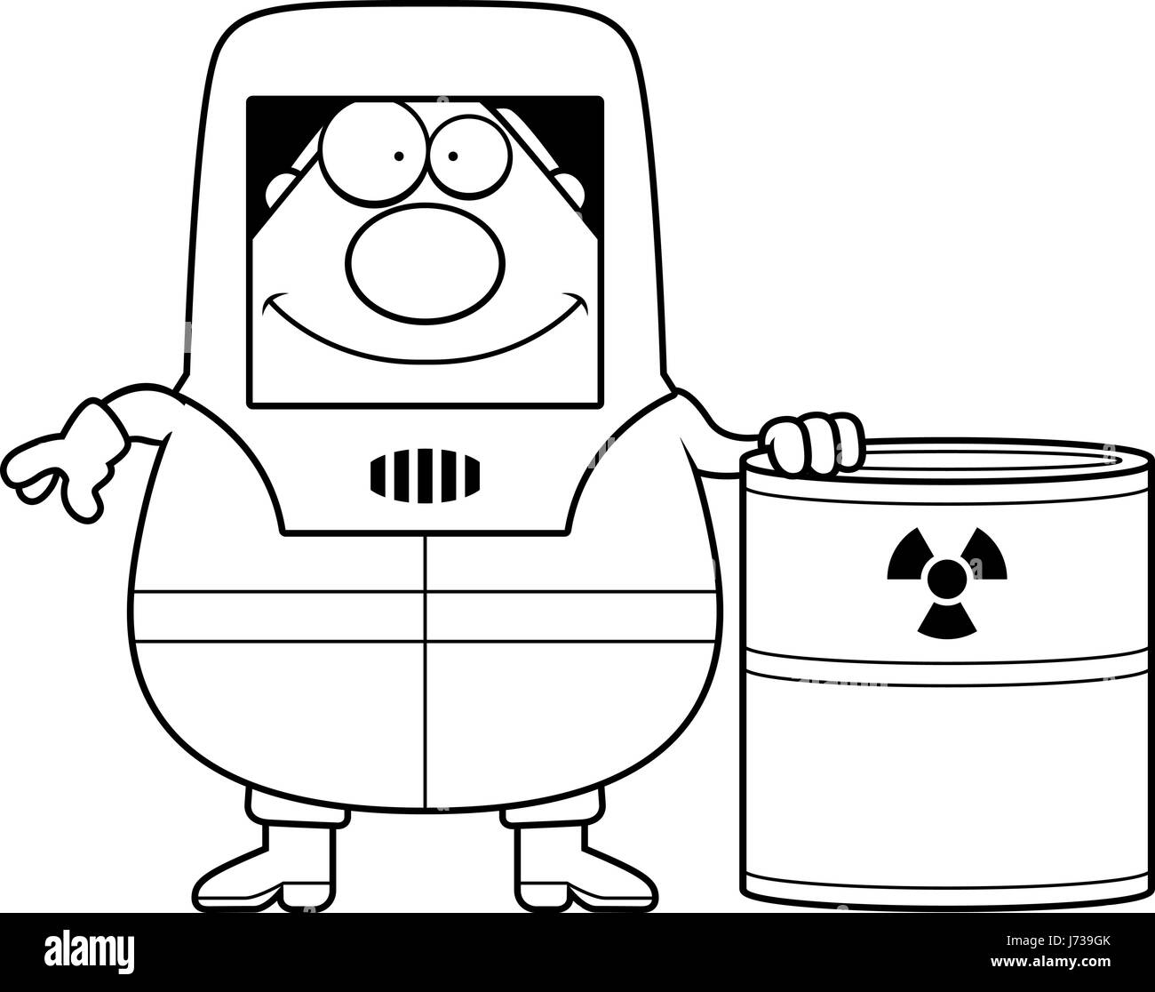 A cartoon illustration of a man in a hazmat suit with a barrel of ...
