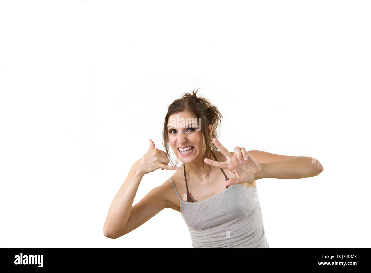 woman telephone phone hand call isolated three gesture young younger ...