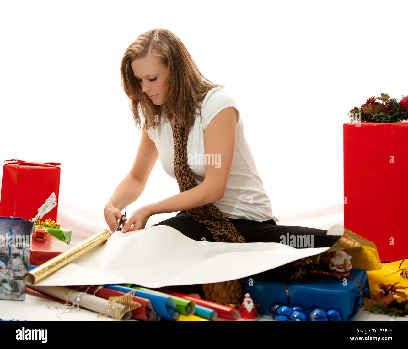 woman presents wrap up enthusiasm amusement enjoyment joy gag joke ...