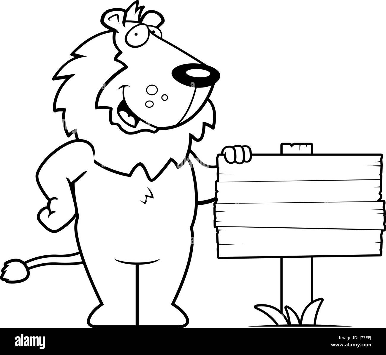 A happy cartoon lion standing next to a wood sign Stock Vector Image ...