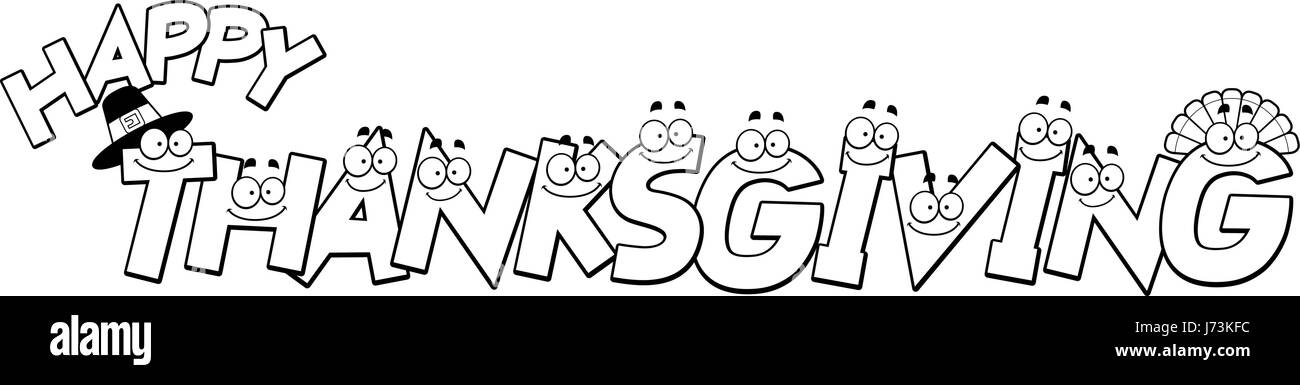 A cartoon illustration of the words Happy Thanksgiving with a ...