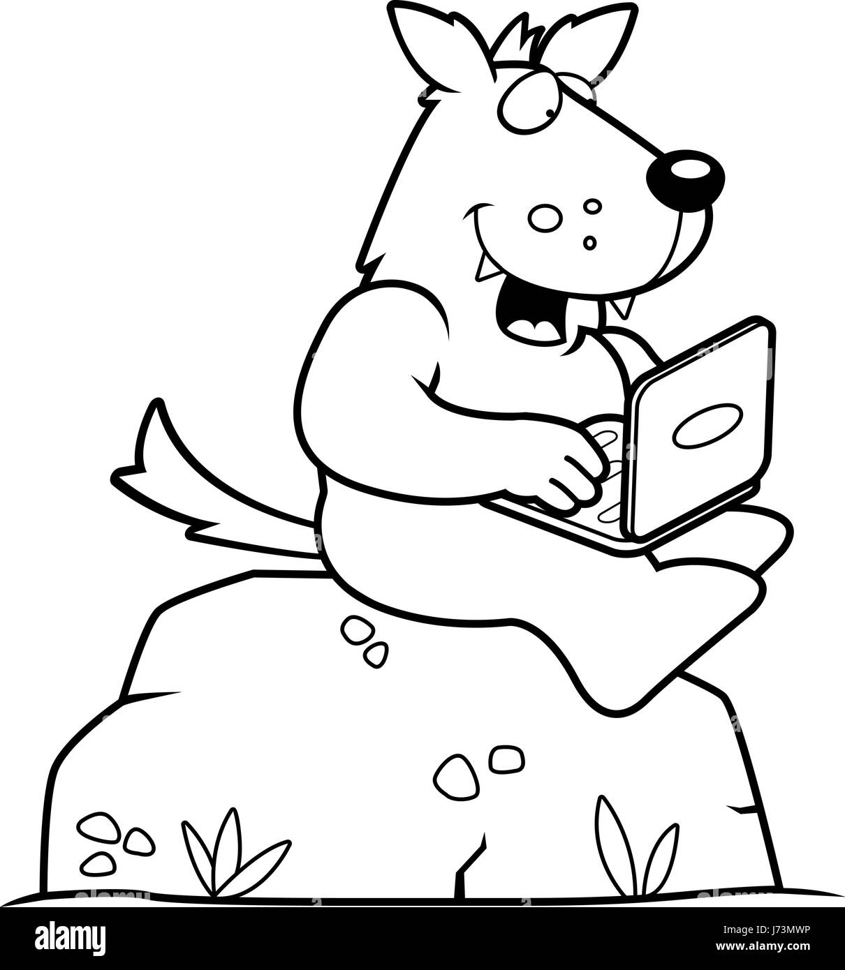 A cartoon wolf sitting on a rock with a laptop computer Stock Vector ...
