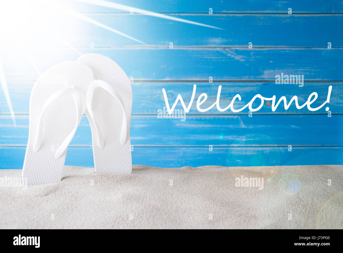 English Text Welcome. Sunny Summer Greeting Card With Sand And Flip ...