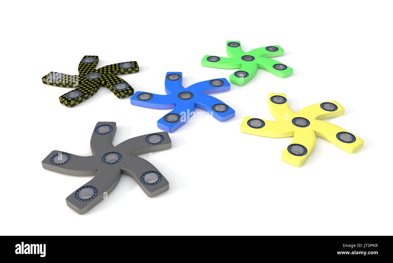 Different Colored five hand fidget spinner, 3d render working Stock ...