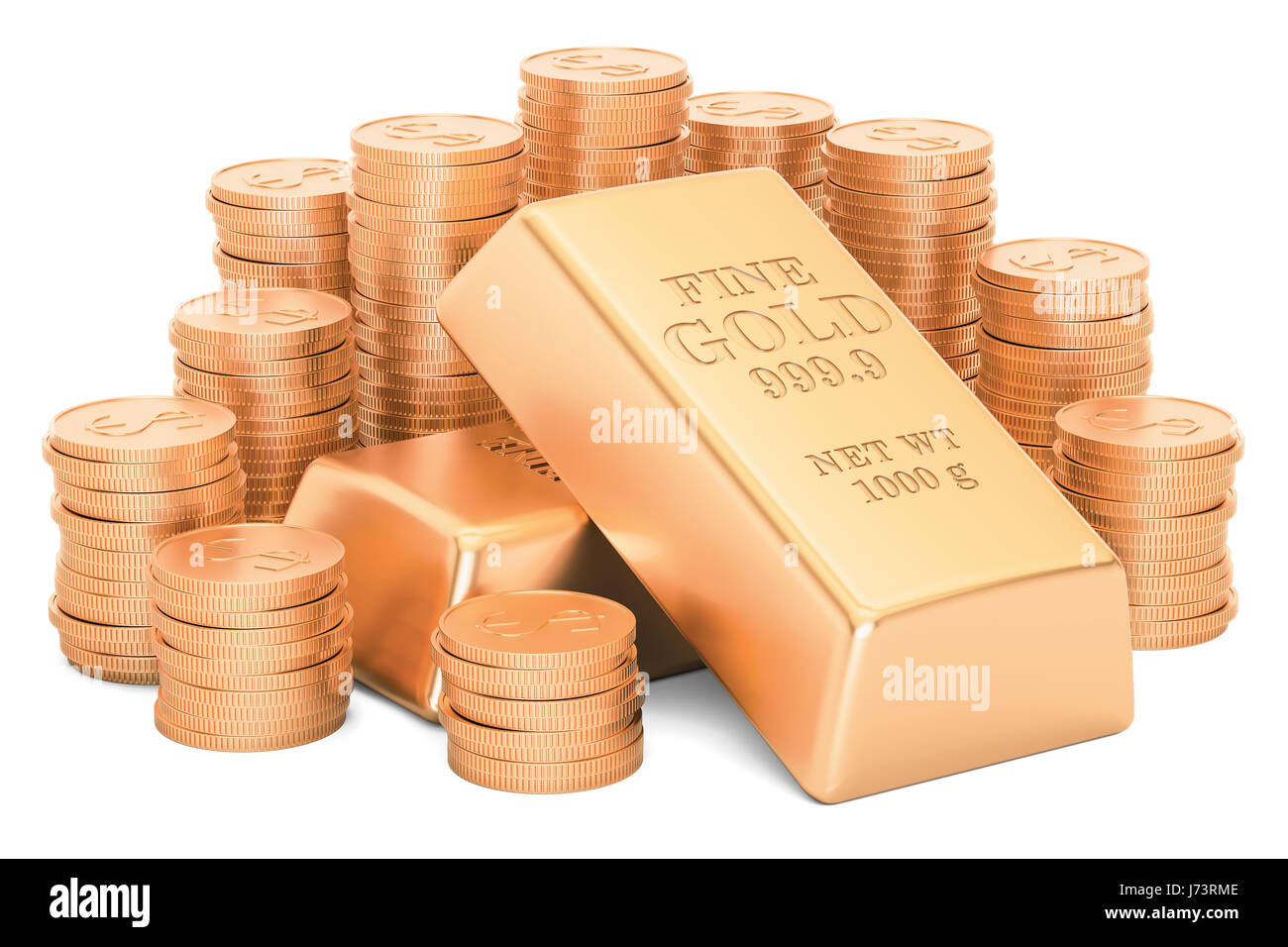 Gold ingots and golden coins, 3D rendering isolated on white background ...