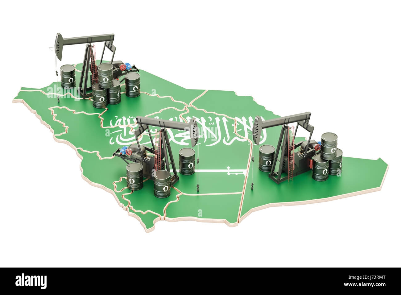 Saudi Arabia map with oil barrels and pumpjacks. Oil production concept ...