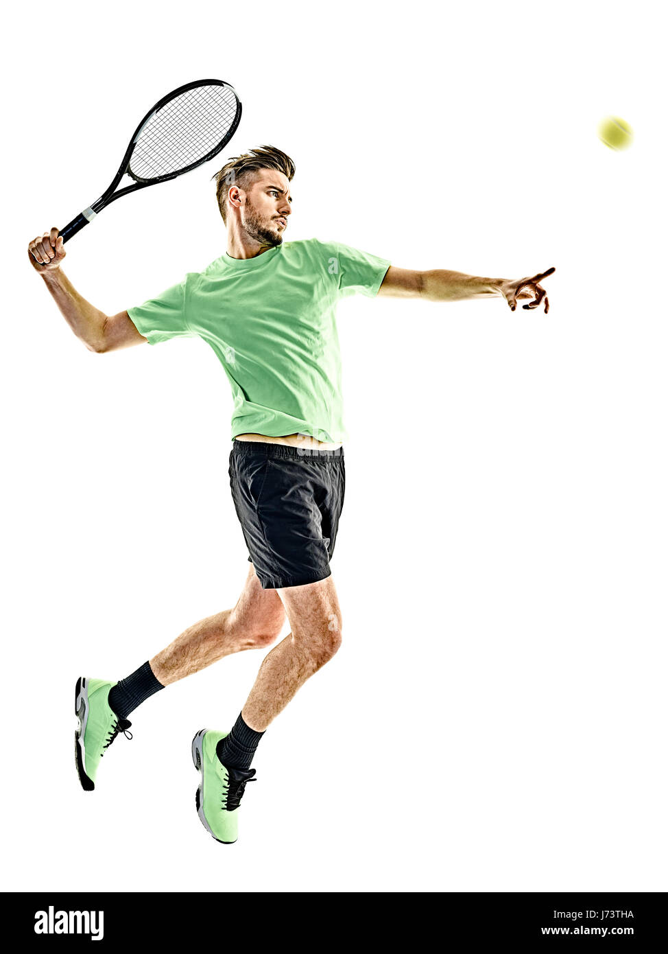 one caucasian man playing tennis player isolated on white background ...