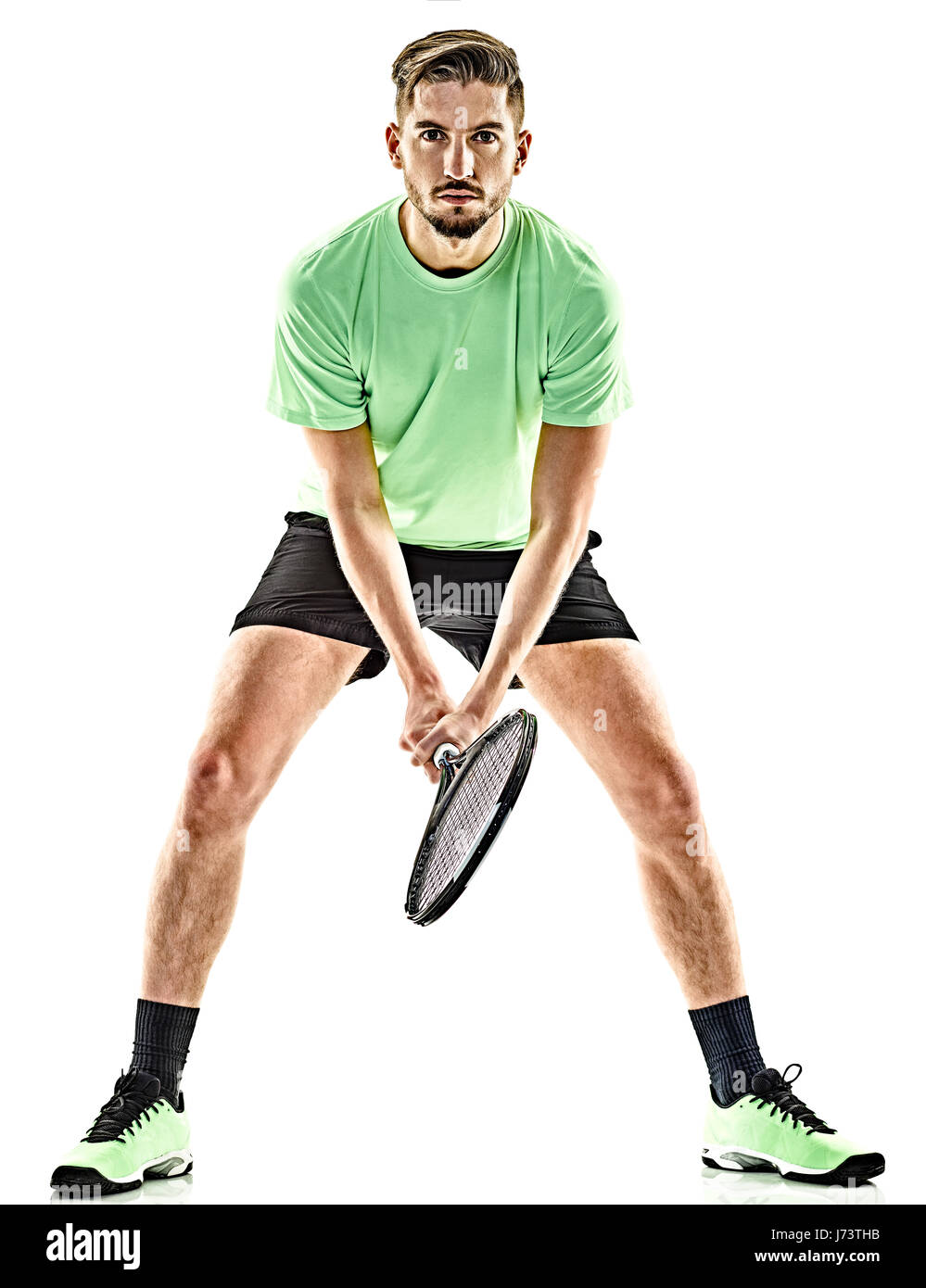 one caucasian man playing tennis player isolated on white background ...
