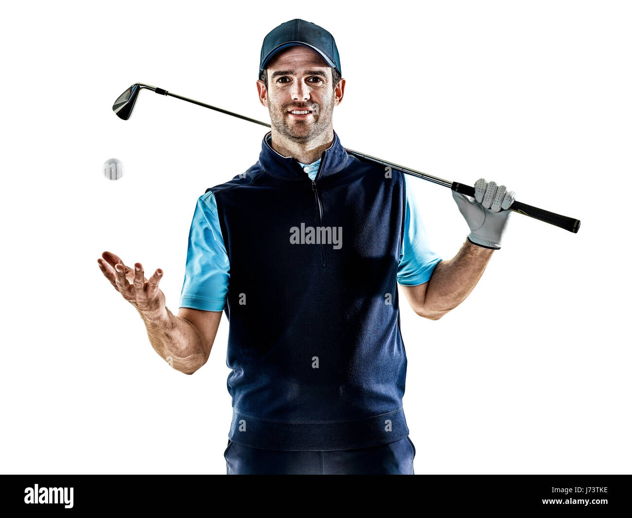 one caucasian man golfer golfing in studio isolated on white background ...
