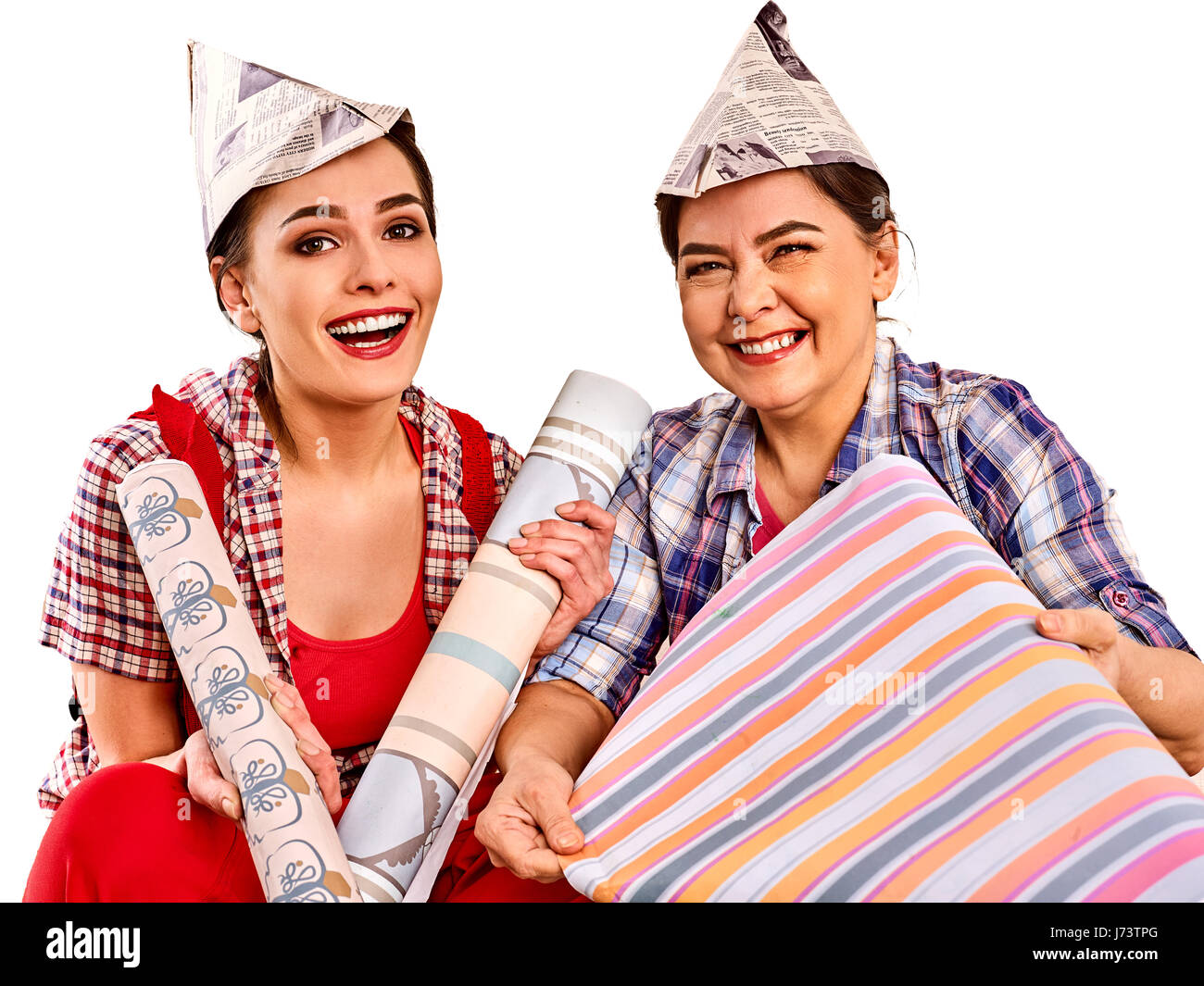 Repair home women holding Bank with paint for wallpaper Stock Photo - Alamy