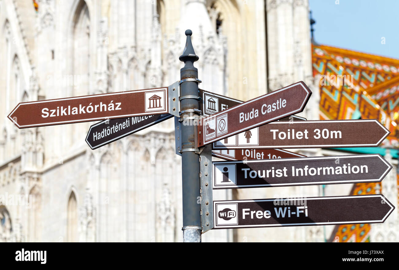 Picture of a cross sign column on an urban street with tourist ...