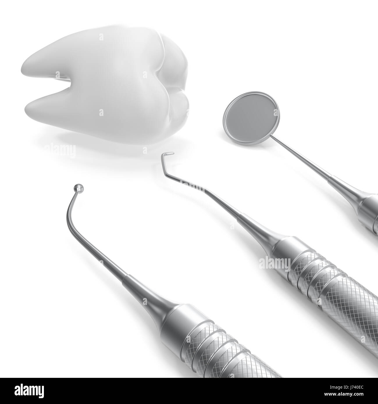 Dental set, mirror, probe, with tooth, concep care isolated on white ...