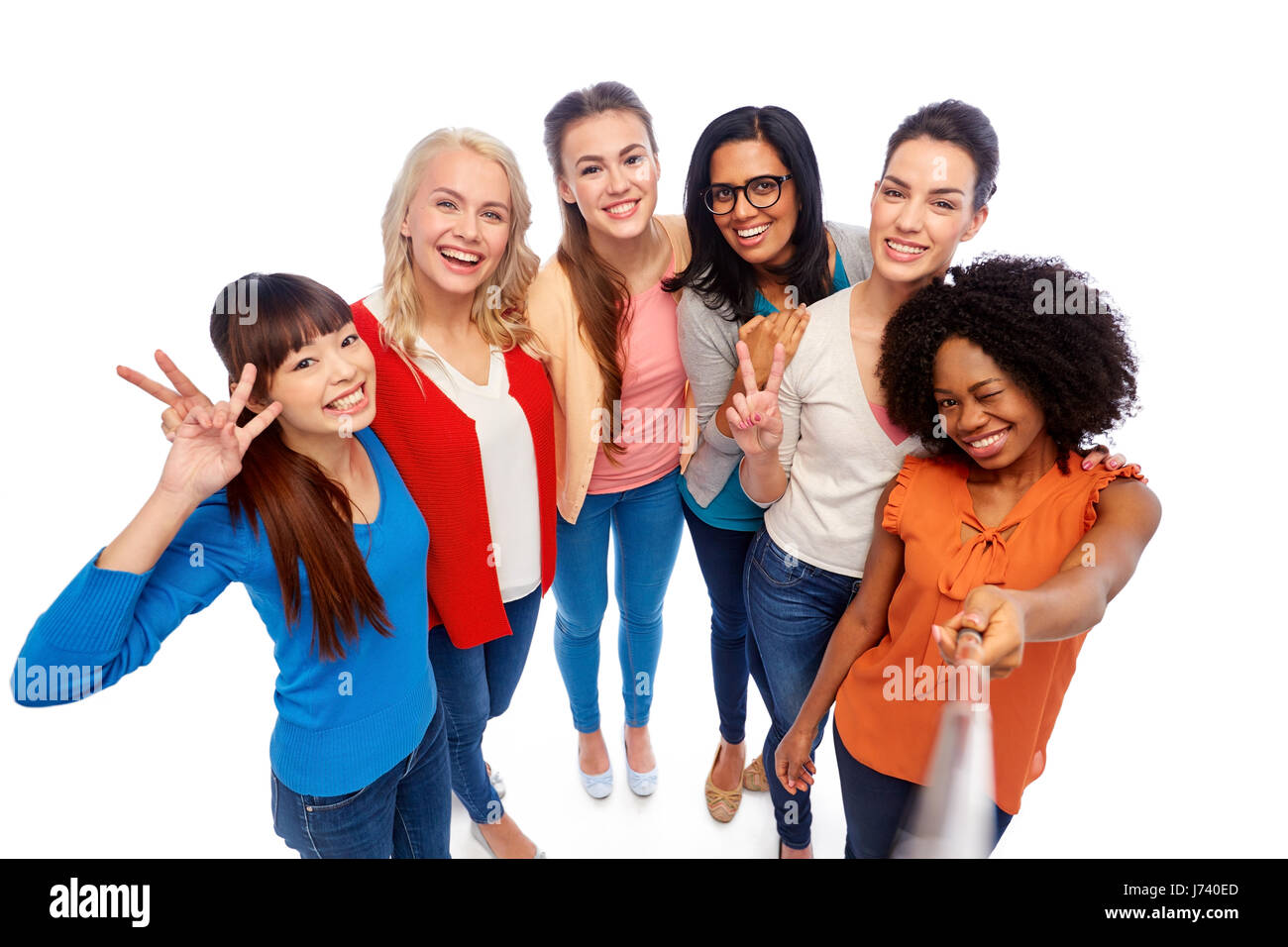 international group of women with selfie stick Stock Photo - Alamy