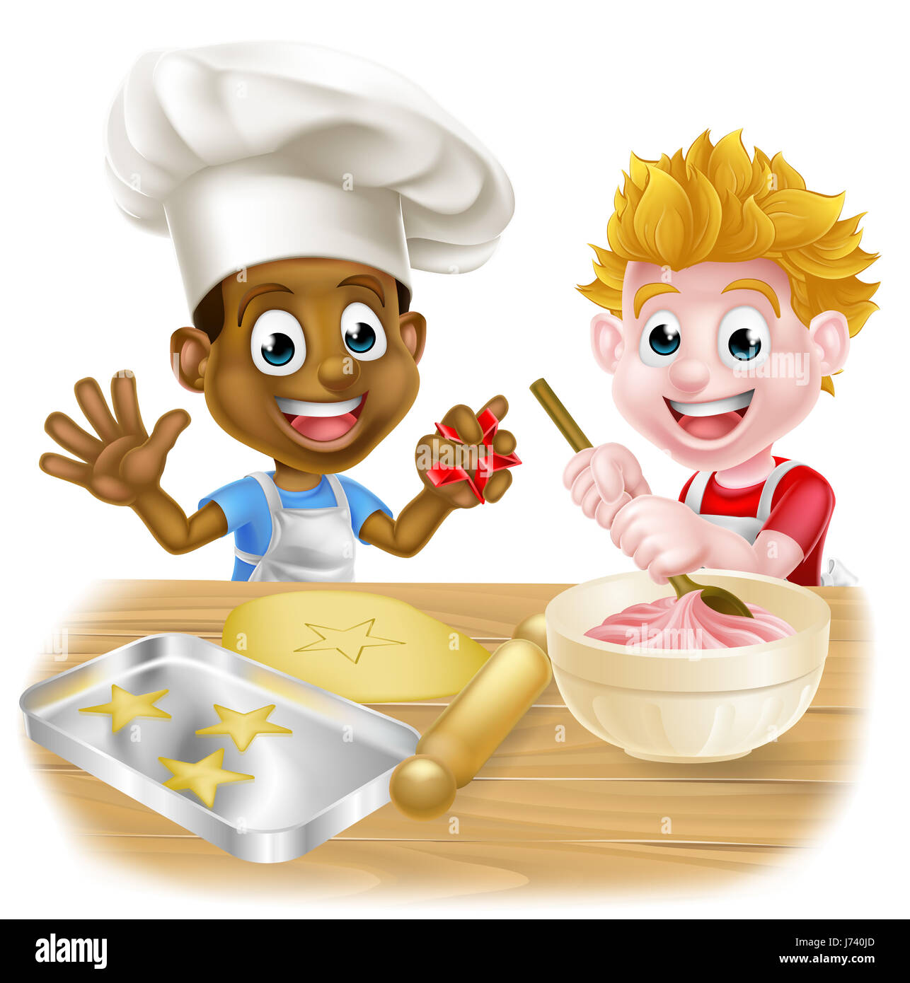Cartoon boys, one black one white, dressed as chefs or bakers baking ...