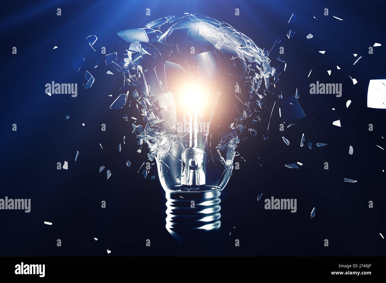Exploding light bulb on a blue background, with concept creative ...