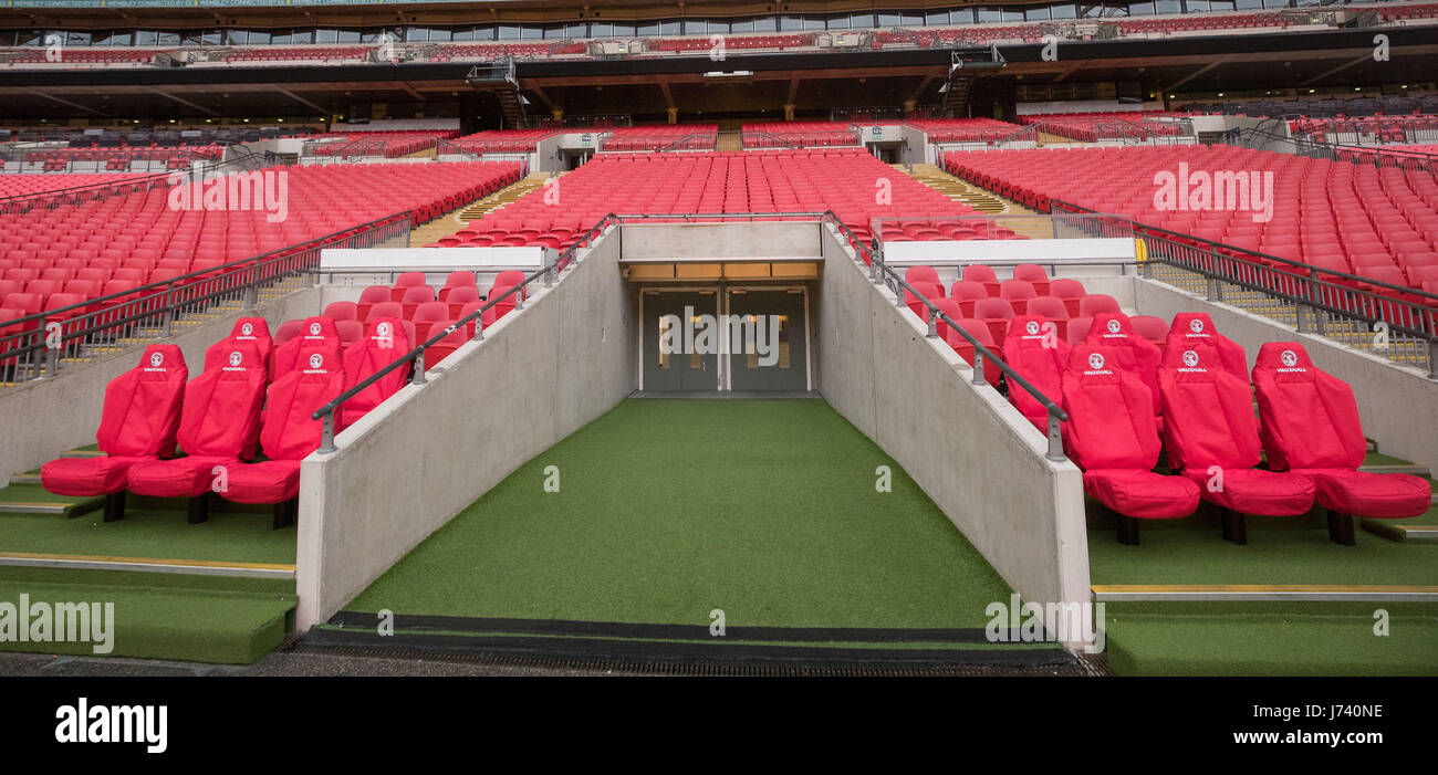 A general view of the dugout and tunnel at Wembley Stadium, London ...