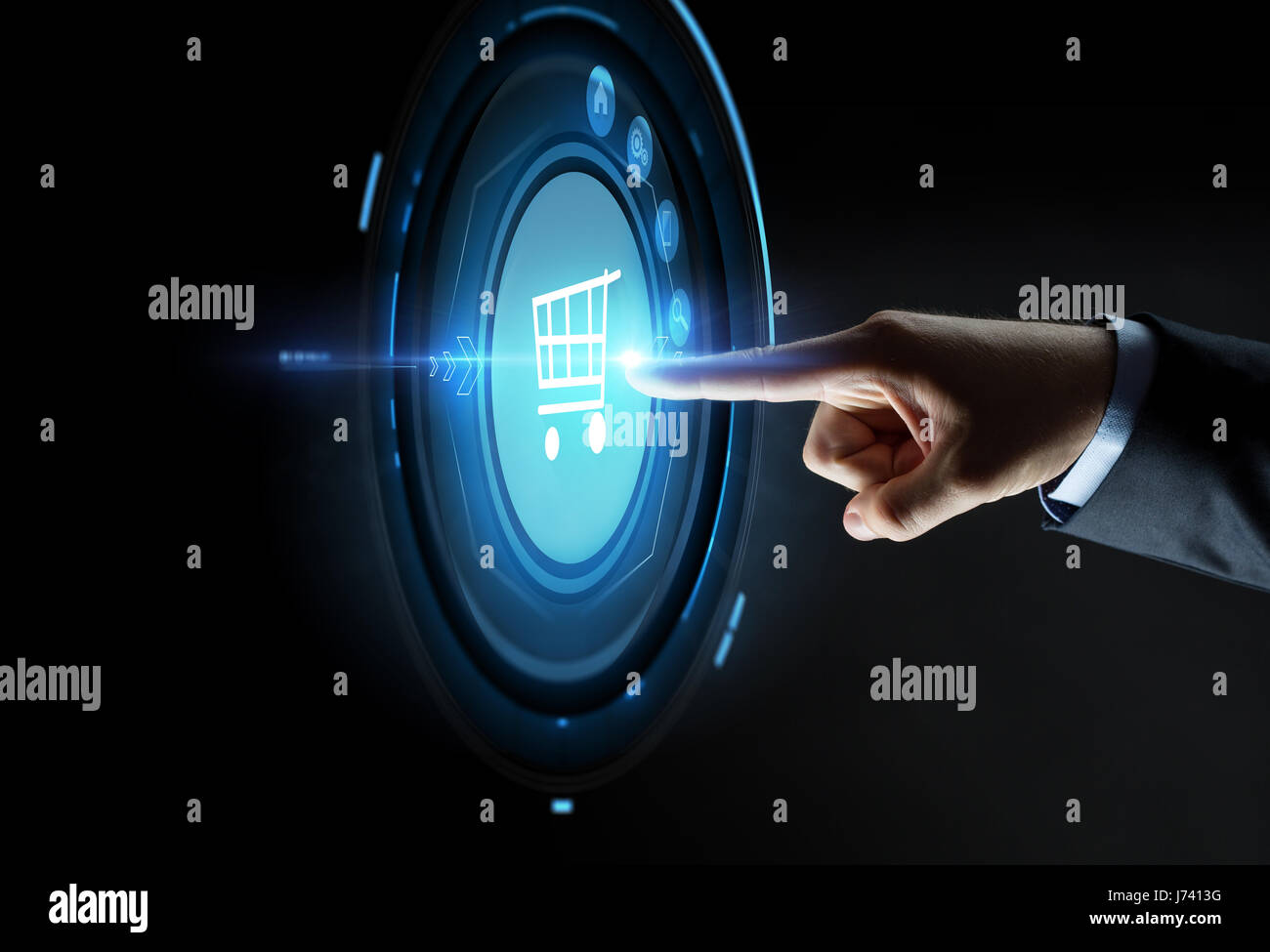 male hand pointing finger to shopping cart icon Stock Photo - Alamy