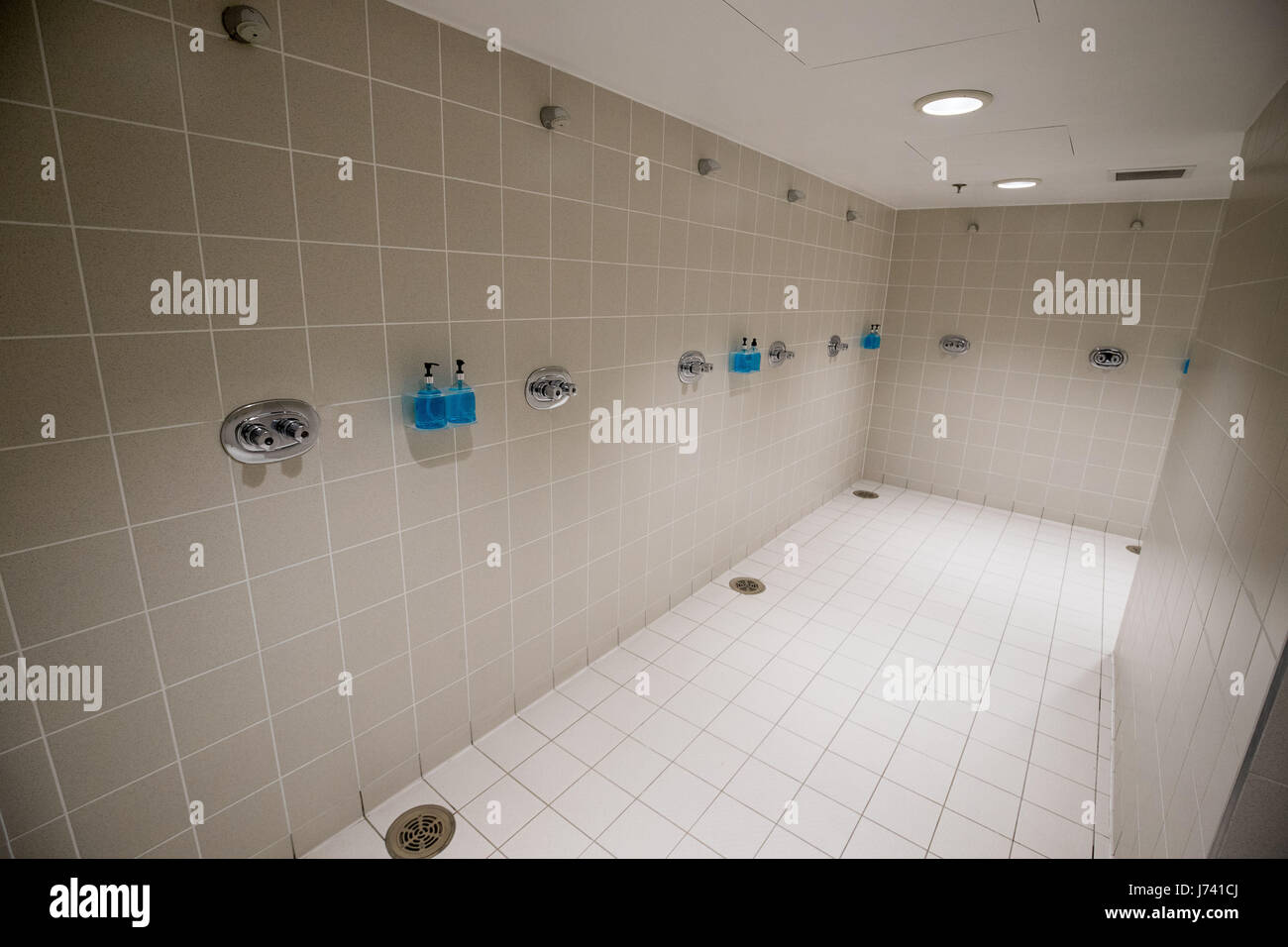 A general view of the showers inside the changing rooms at Wembley ...