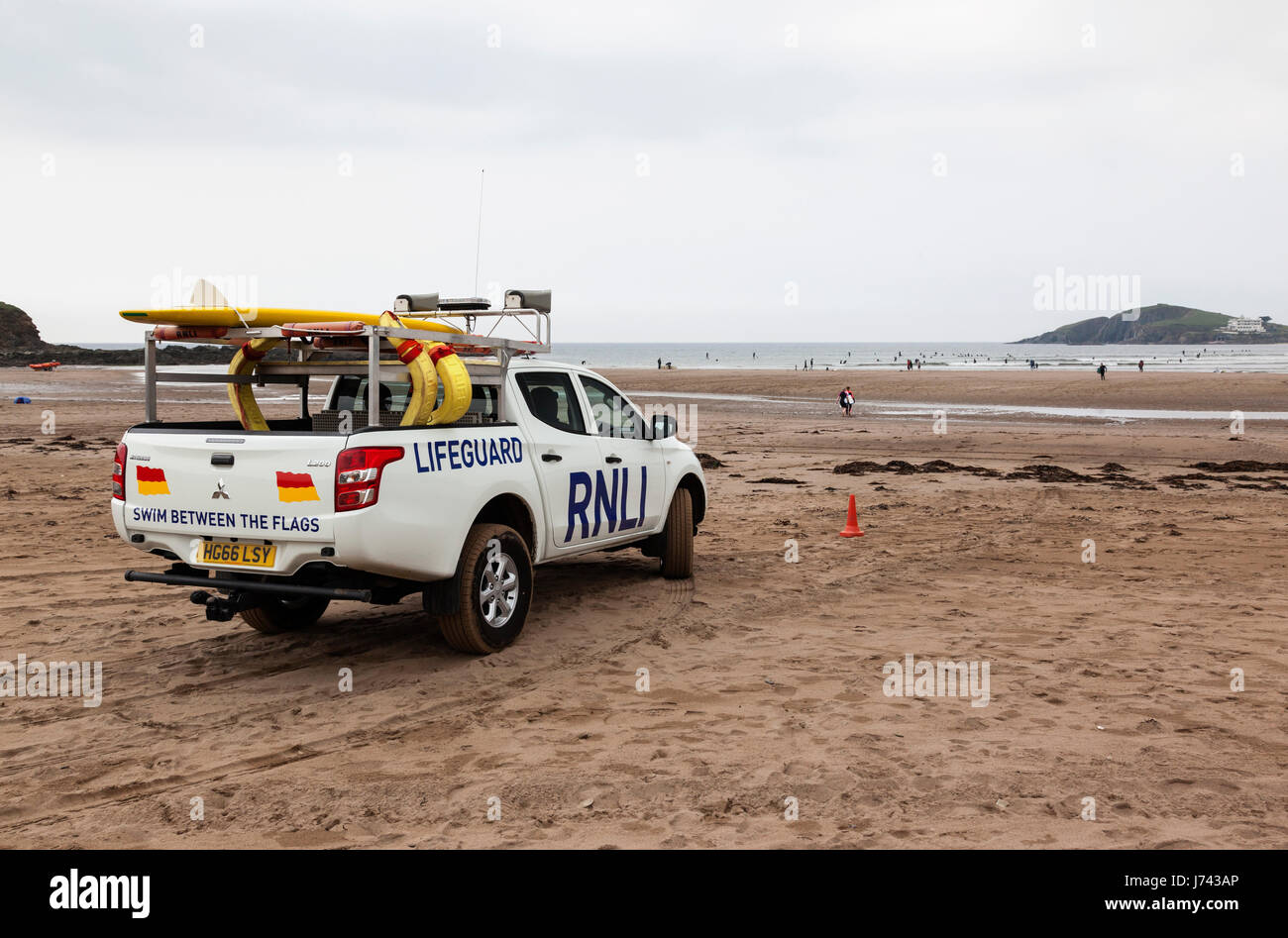 RNLI lifeguard vehicle parked on Bantham Beach in South Devon, England ...