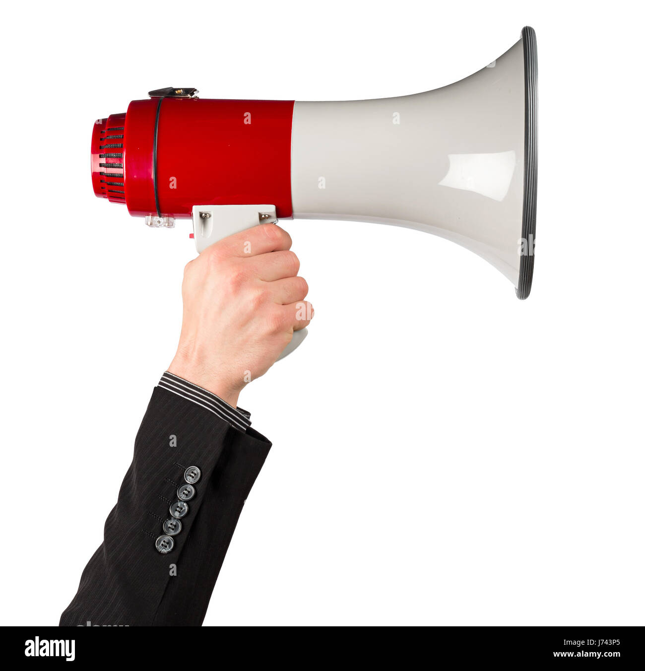 businessman hand in suite with red white bullhorn megaphone isolated ...
