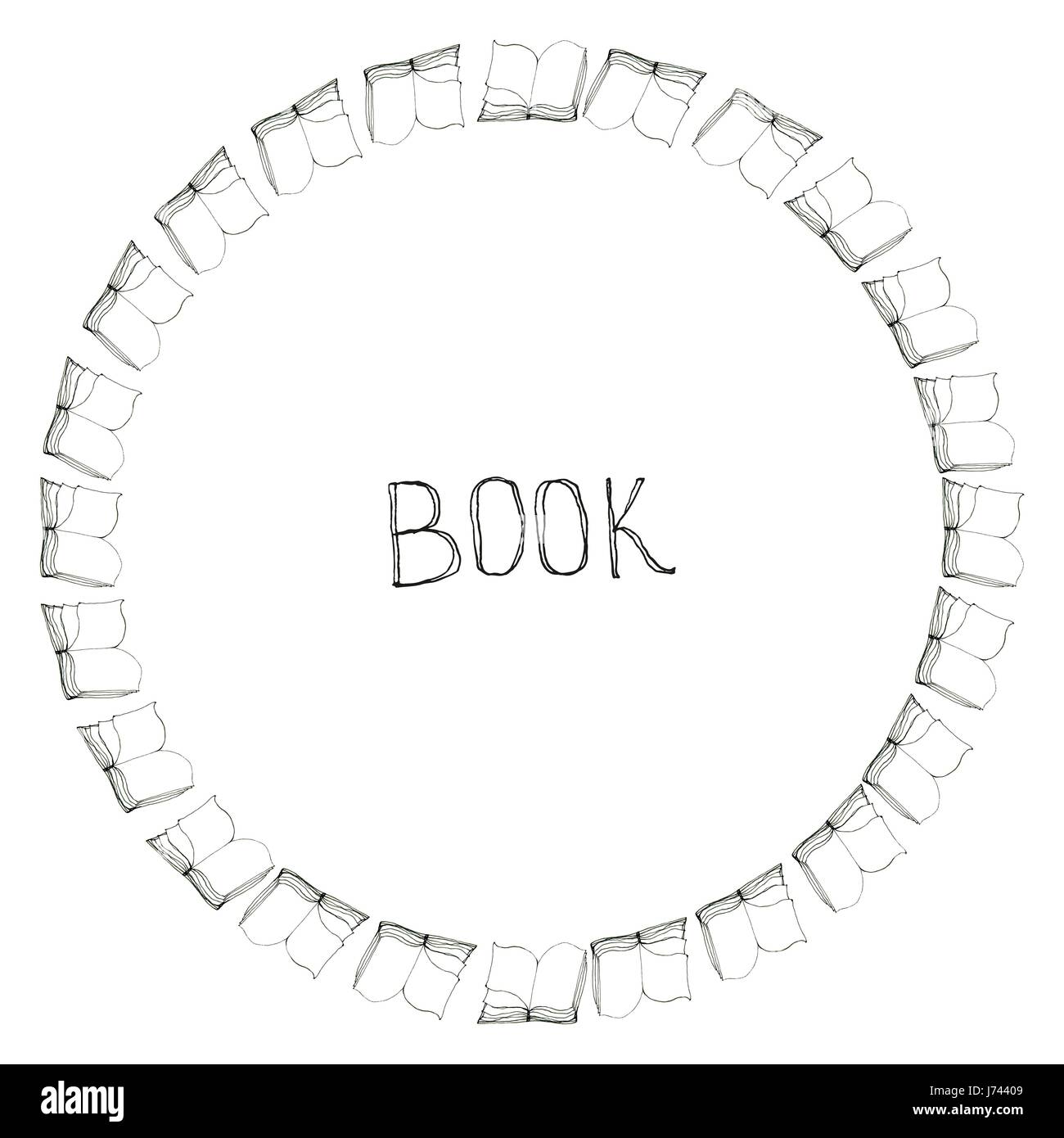 Book doodle frame. Black and white circle border. Reading and education ...
