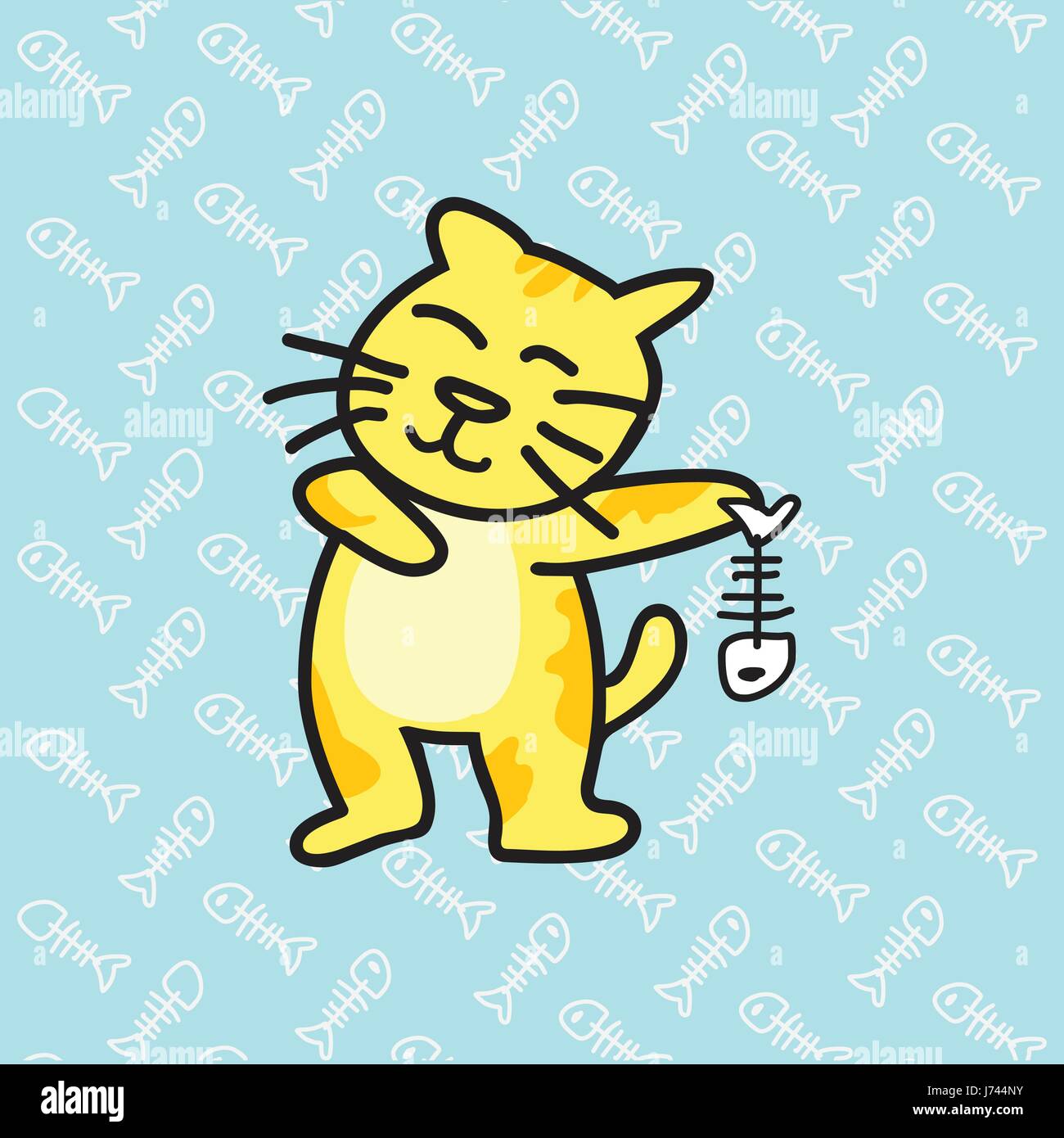 cat holding a fishbone with a fishbone background, vector illustration ...