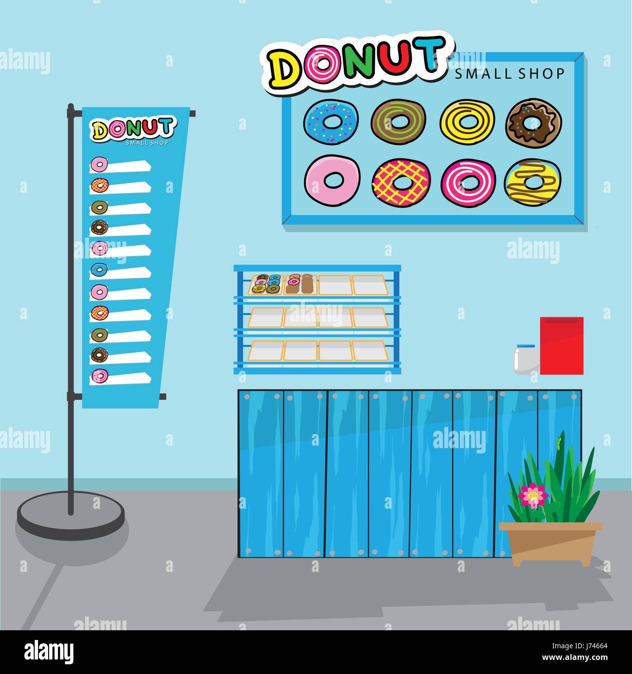 donuts small shop, flat style design, vector illustration Stock Vector ...