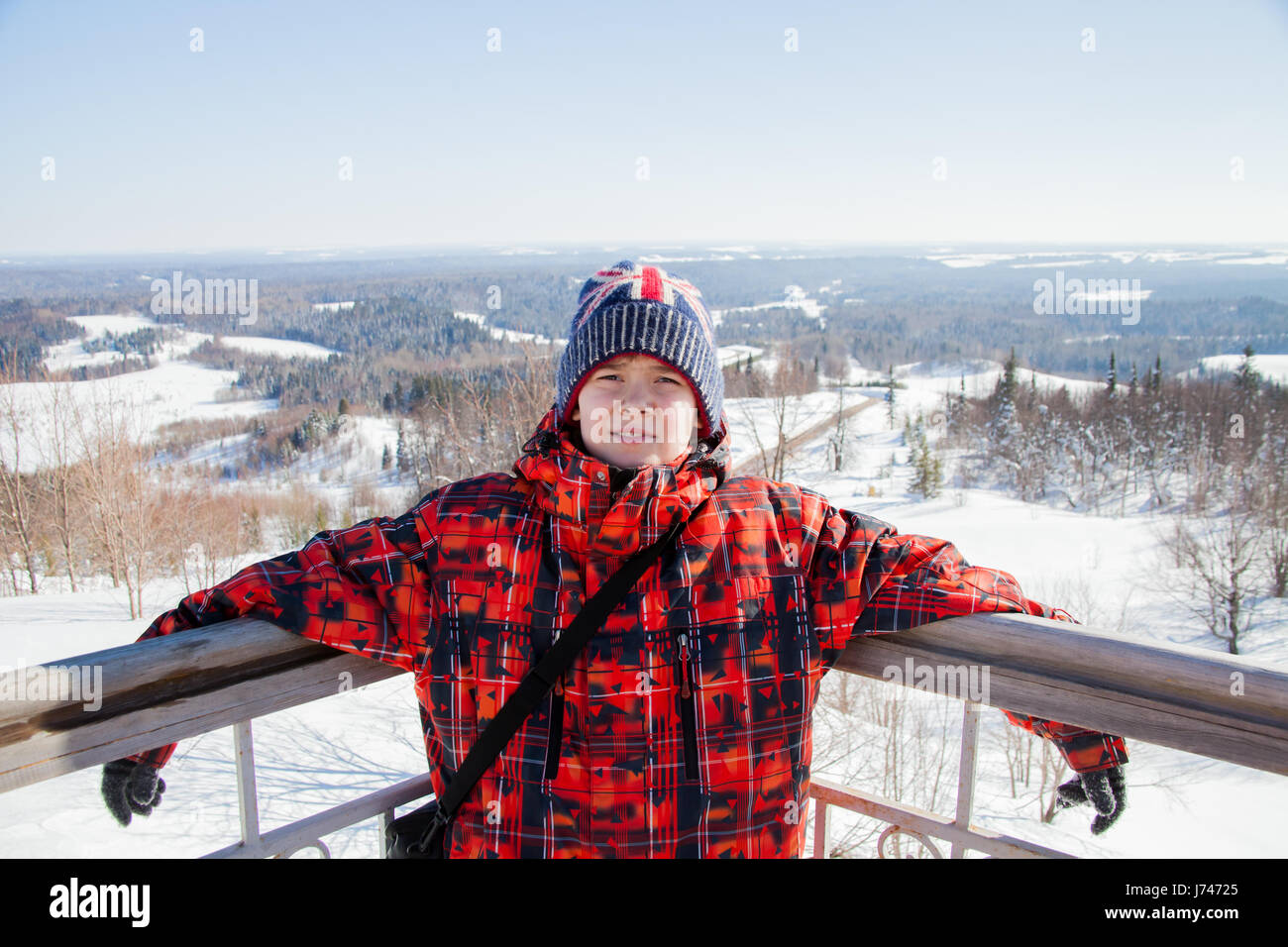 Boy in the background of a winter landscape, Perm, Russia Stock Photo ...