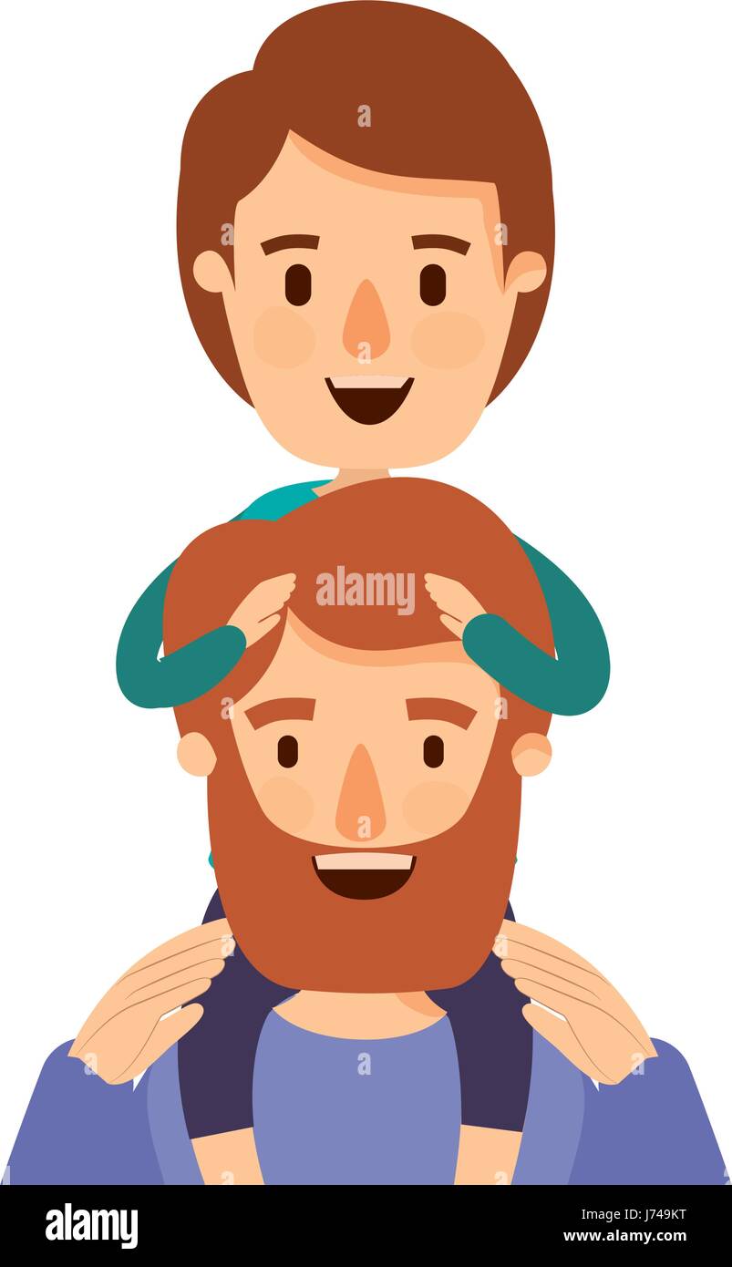 colorful caricature half body bearded father with boy on his back Stock ...