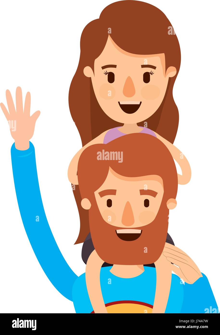 colorful caricature half body super dad hero greeting with girl on his ...