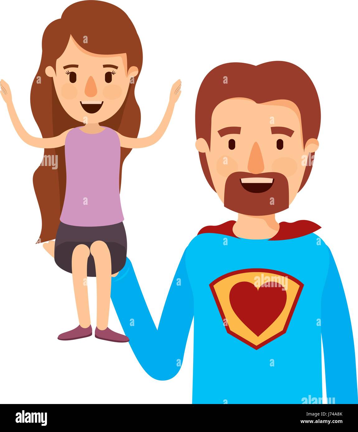 colorful caricature half body super dad hero with girl on his hand ...