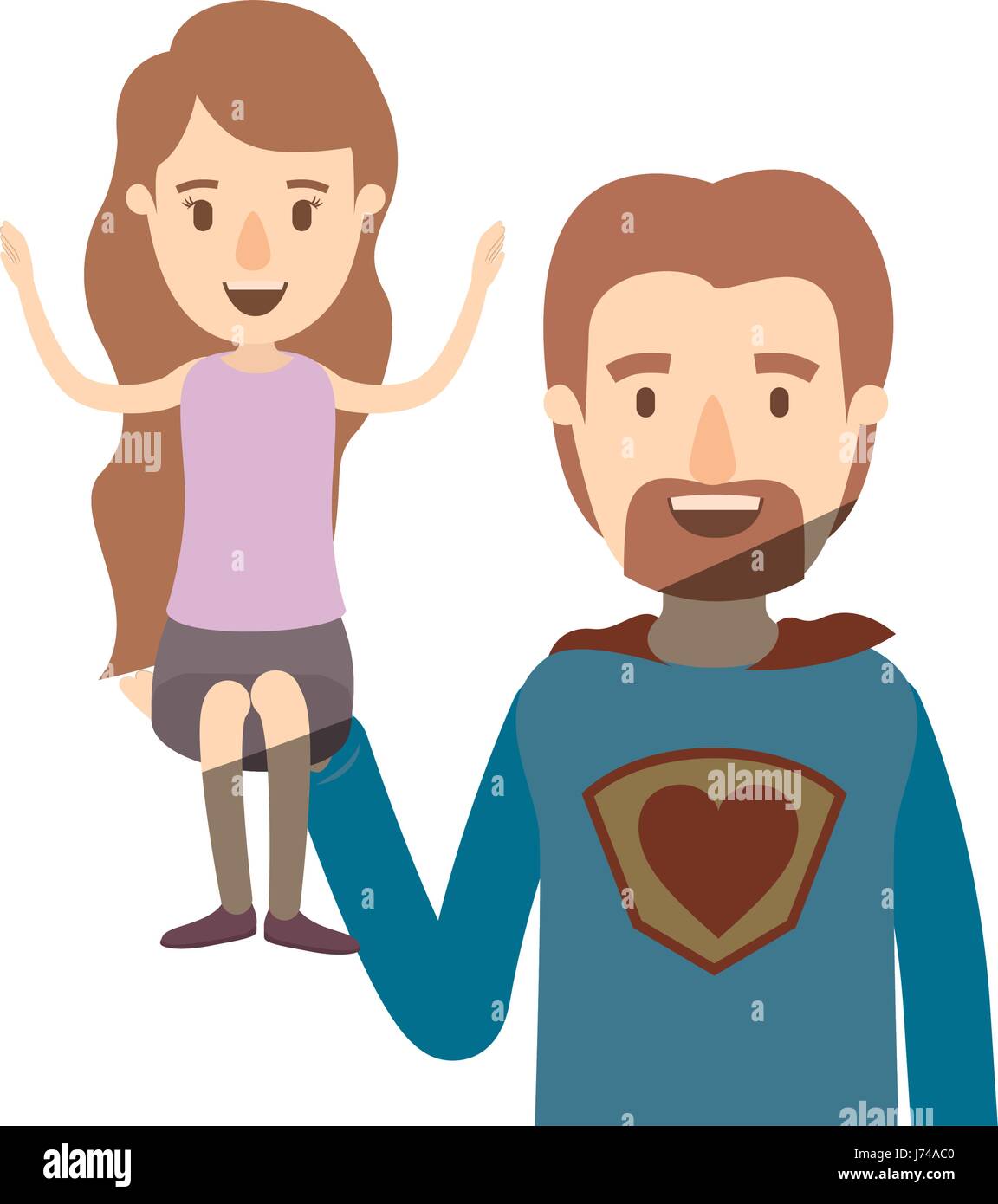 light color shading caricature half body super dad hero with girl on ...