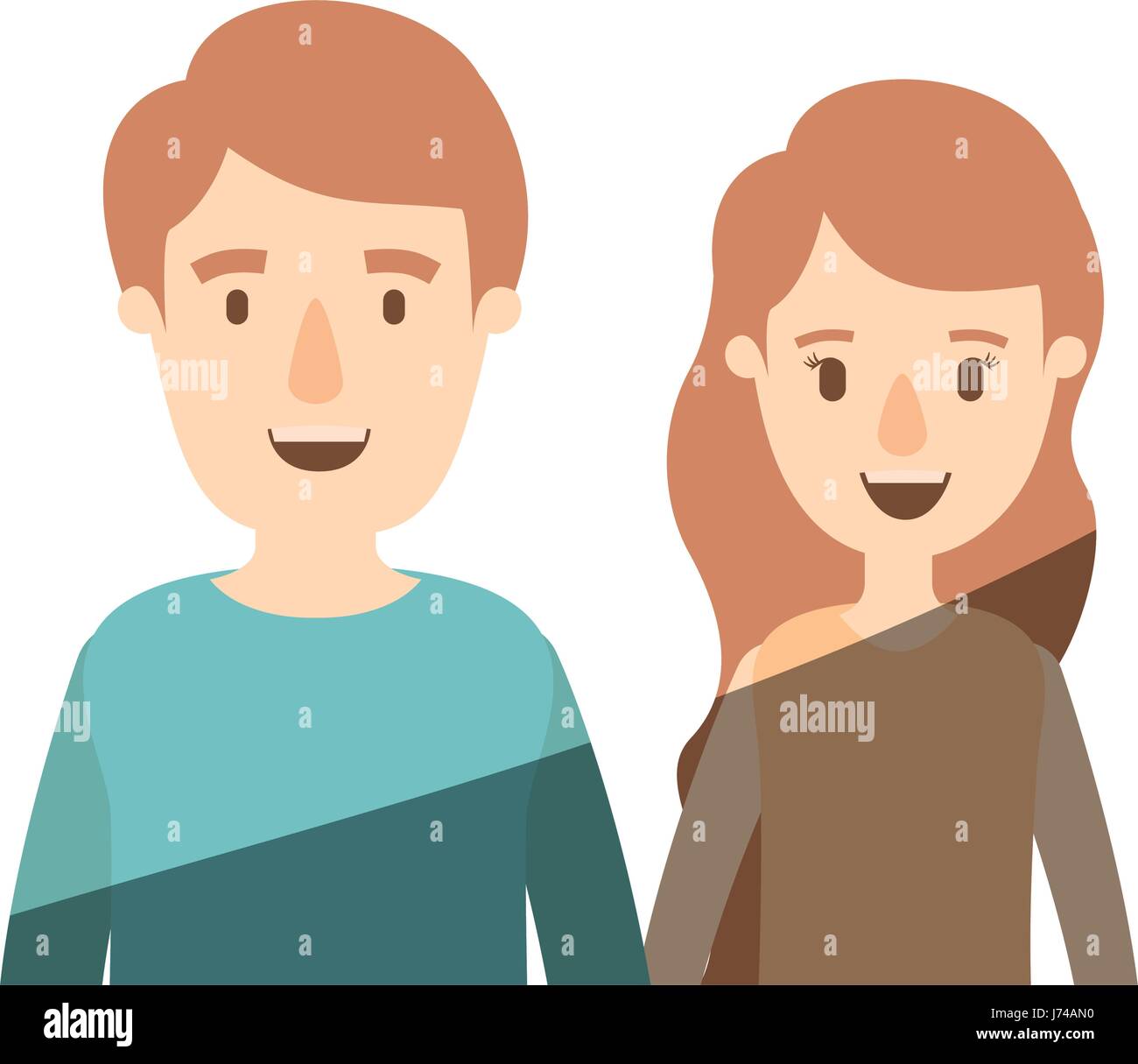 light color shading caricature half body couple woman with long wavy ...