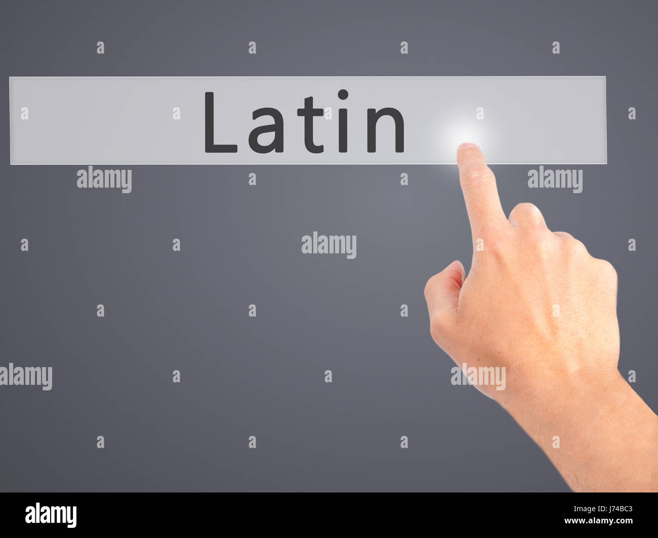 Latin - Hand pressing a button on blurred background concept . Business ...