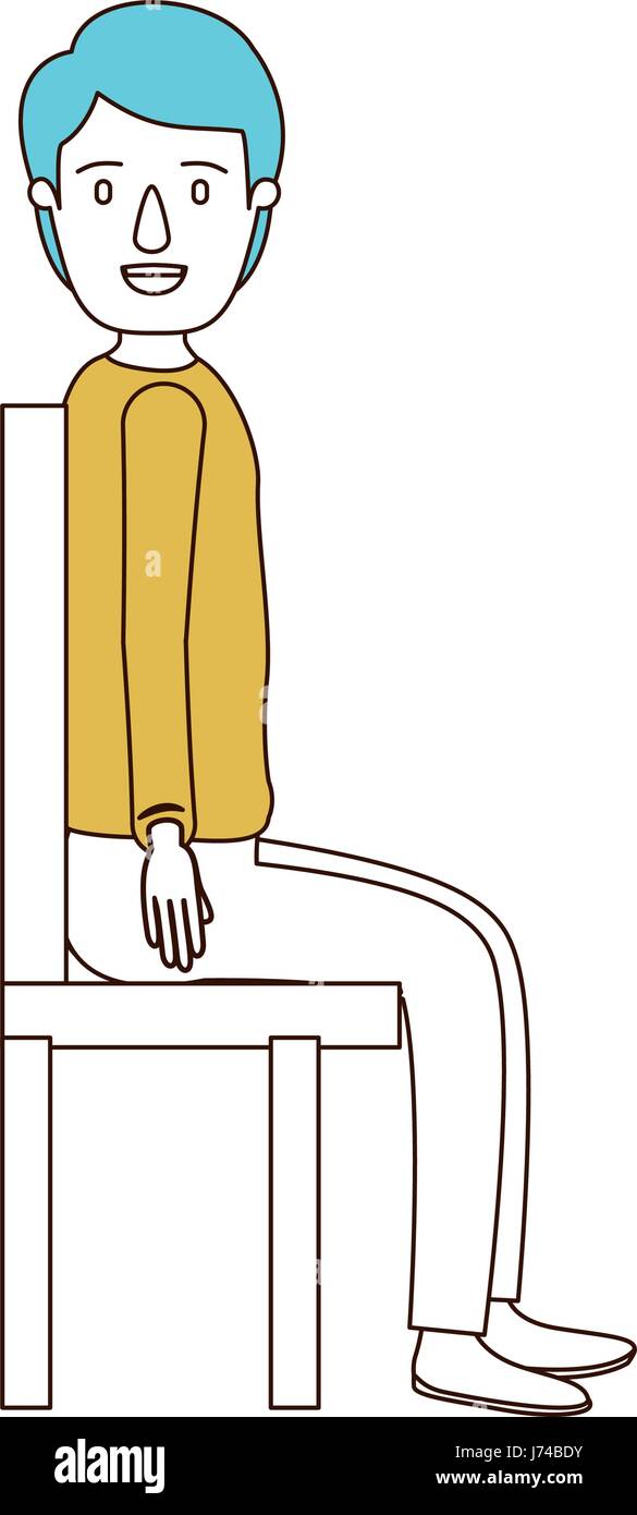 caricature color sections and blue hair of full body guy sit in a chair ...