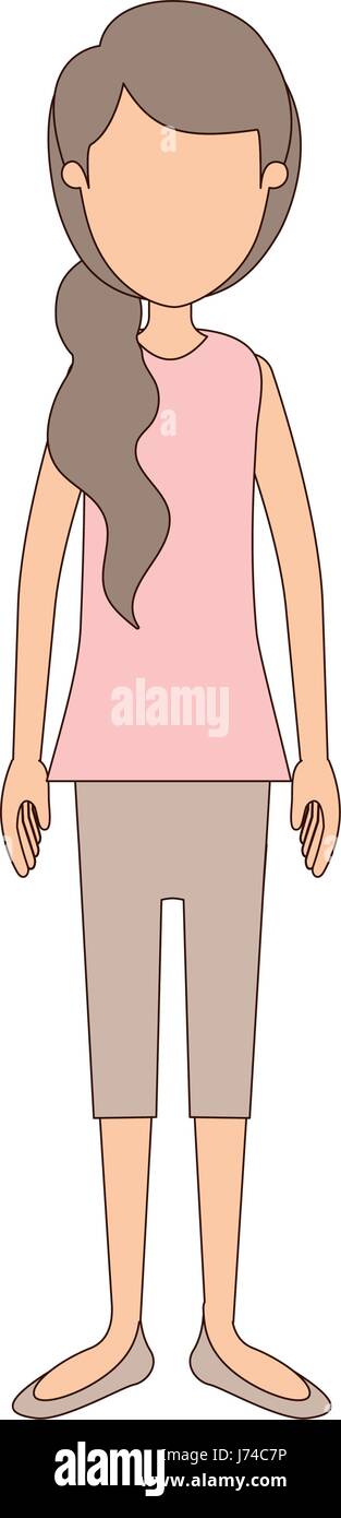 light color caricature faceless full body woman with side ponytail ...